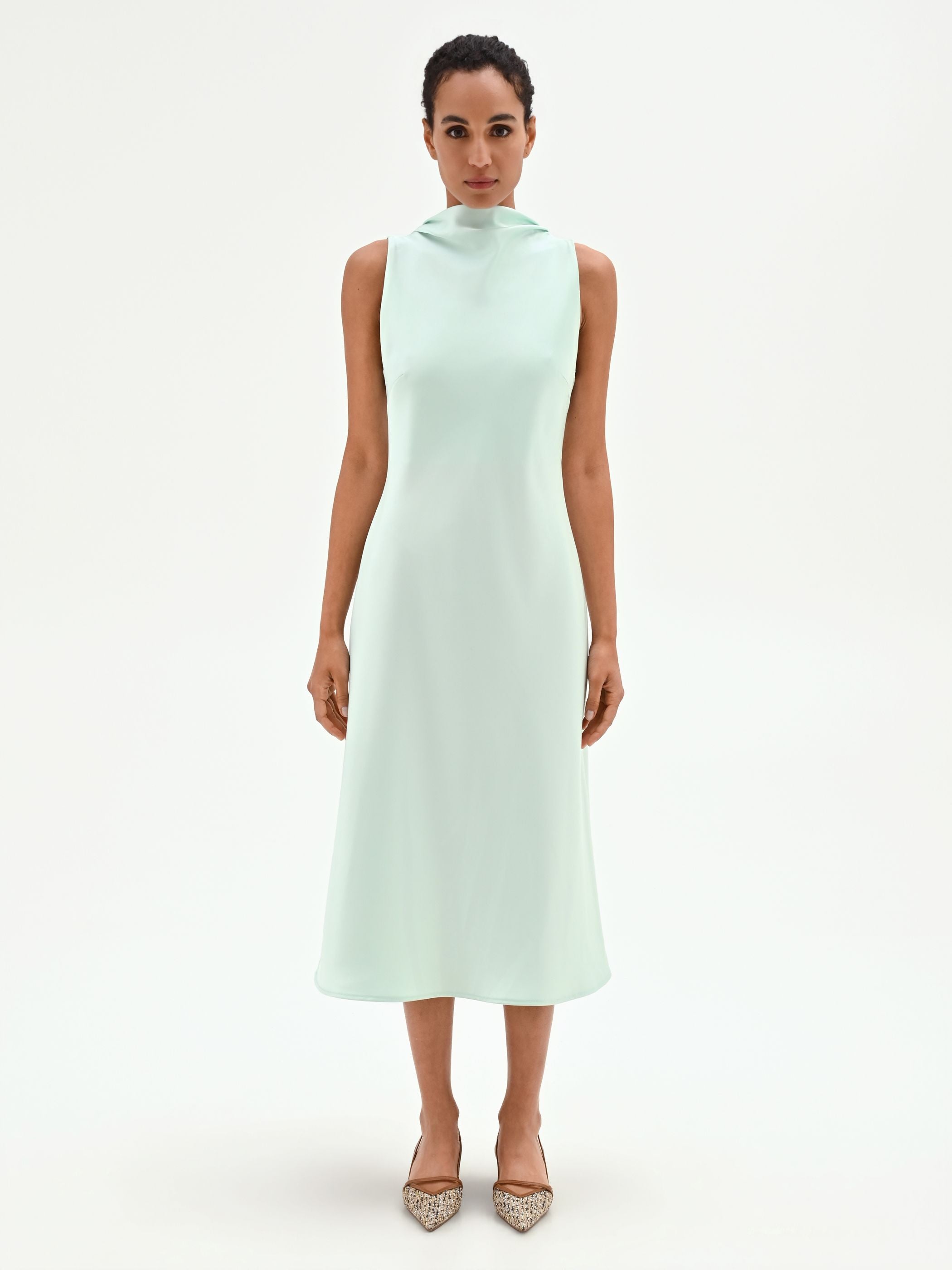 Mint Green High-Neck Satin Midi Dress – Rinascimento