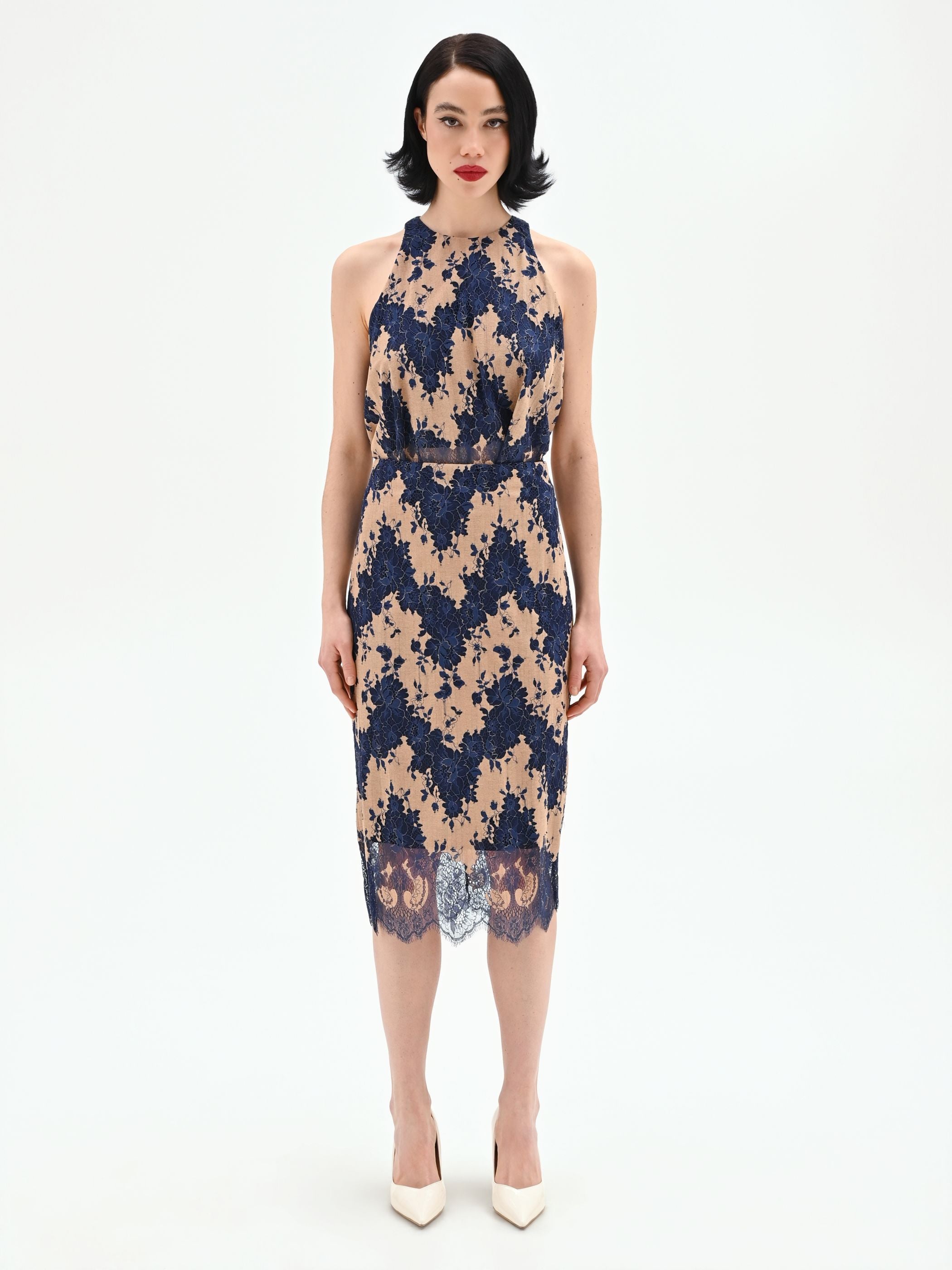 Falda tubo azul de encaje macramé – Rinascimento