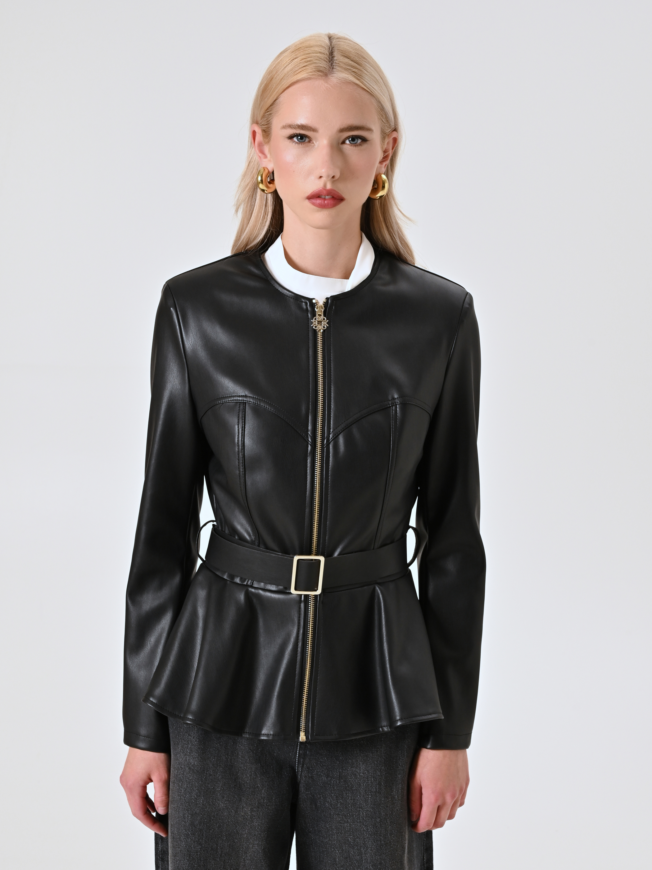 Black Faux Leather Jacket with Peplum | Rinascimento