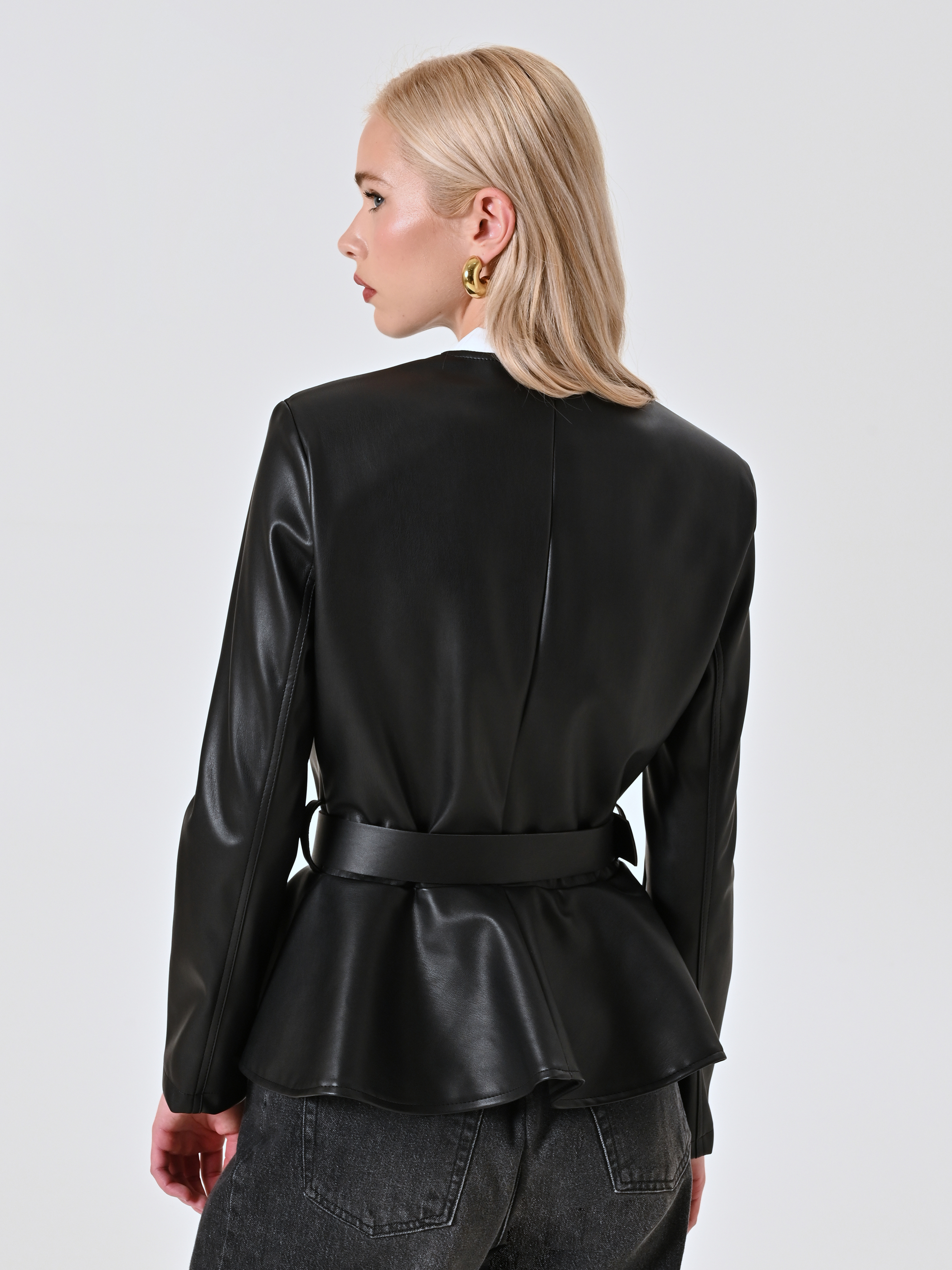 Black Faux Leather Jacket with Peplum | Rinascimento