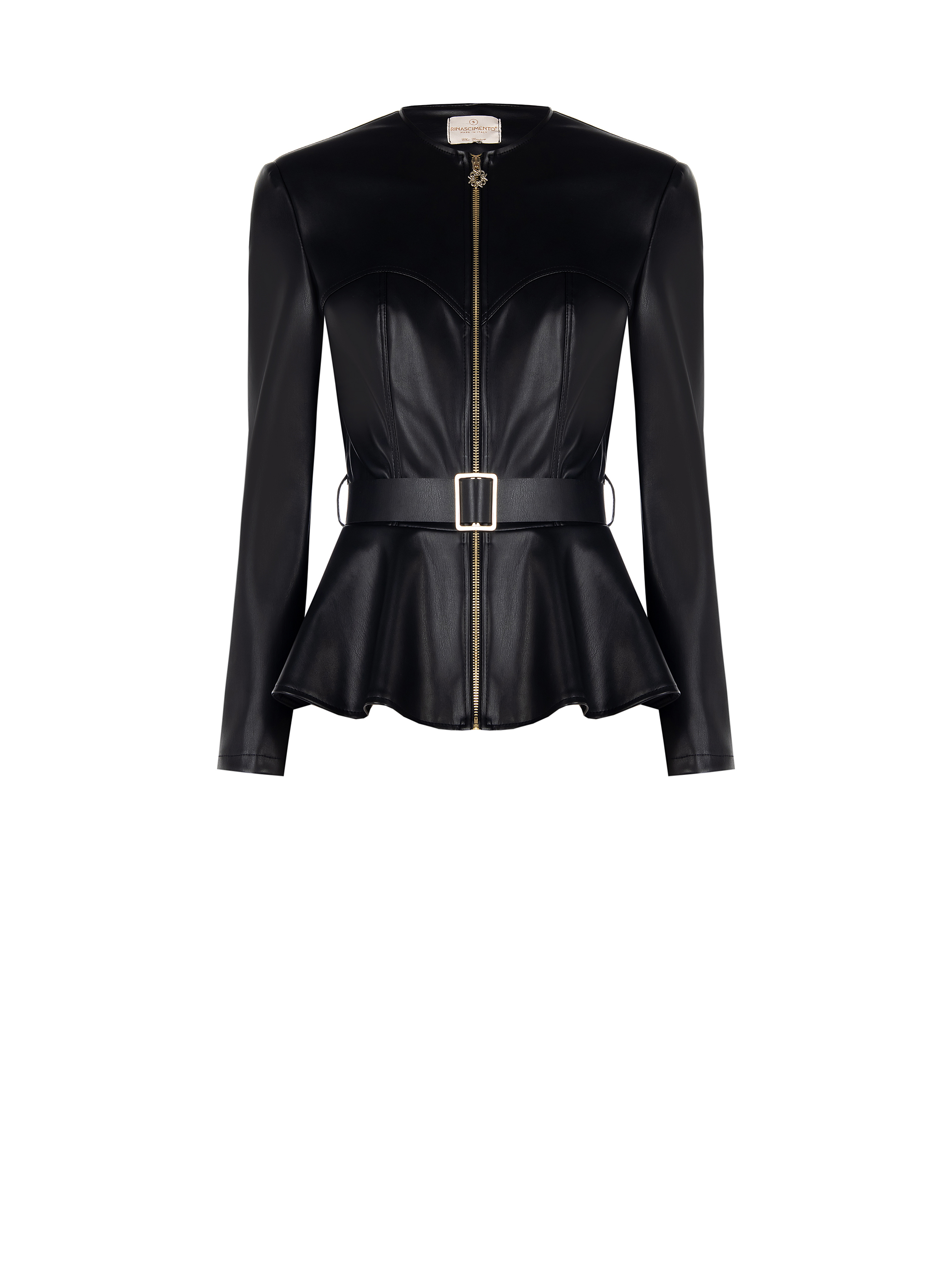 Black Faux Leather Jacket with Peplum | Rinascimento